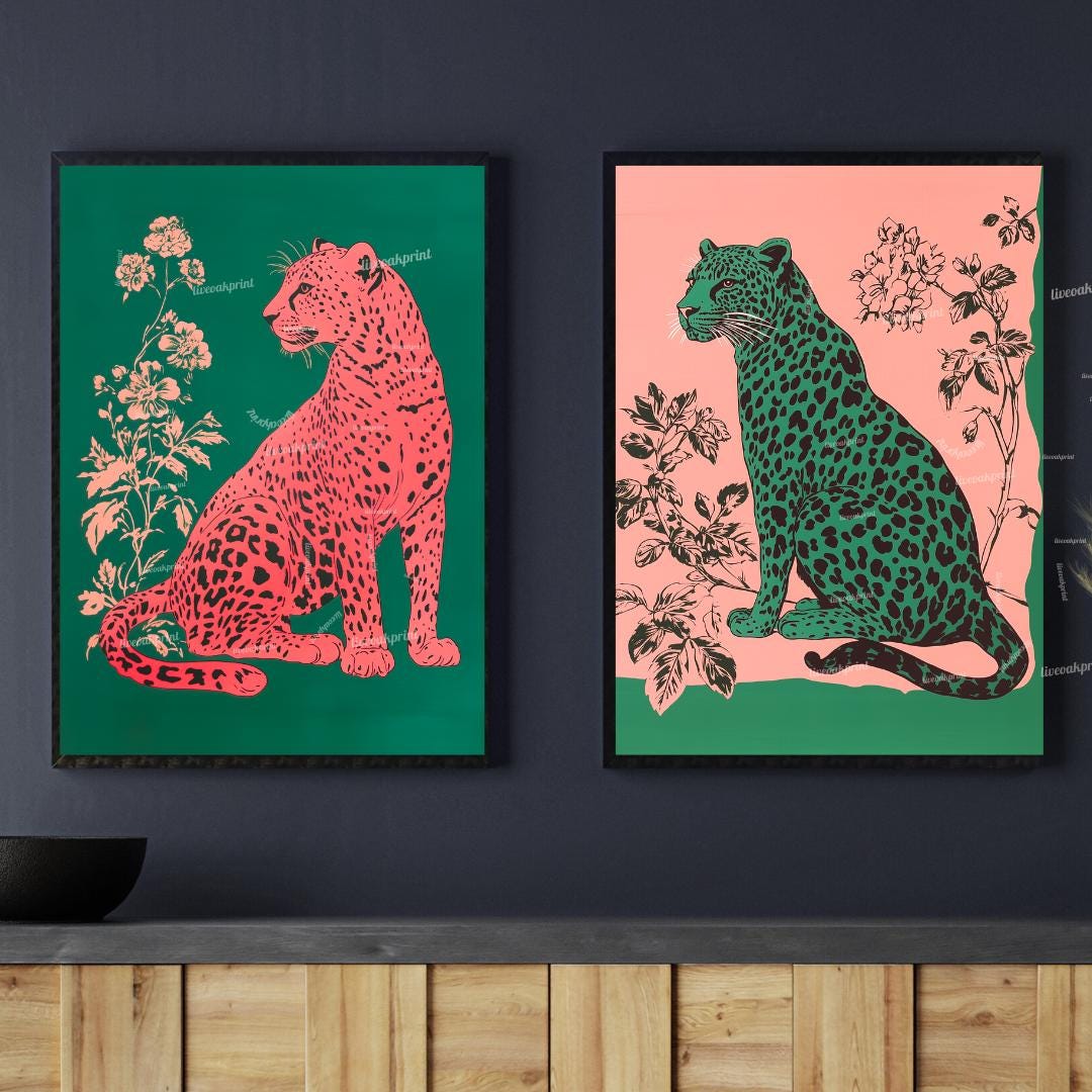 Emerald Leopard and Pink Leopard Art Set of Two Prints - Bold ...