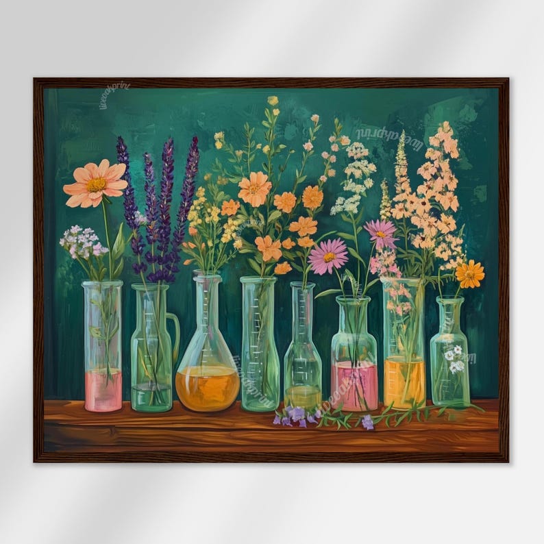 Flasks, Test Tubes & Wildflowers - Science Wall Art - Botanical Lab ...