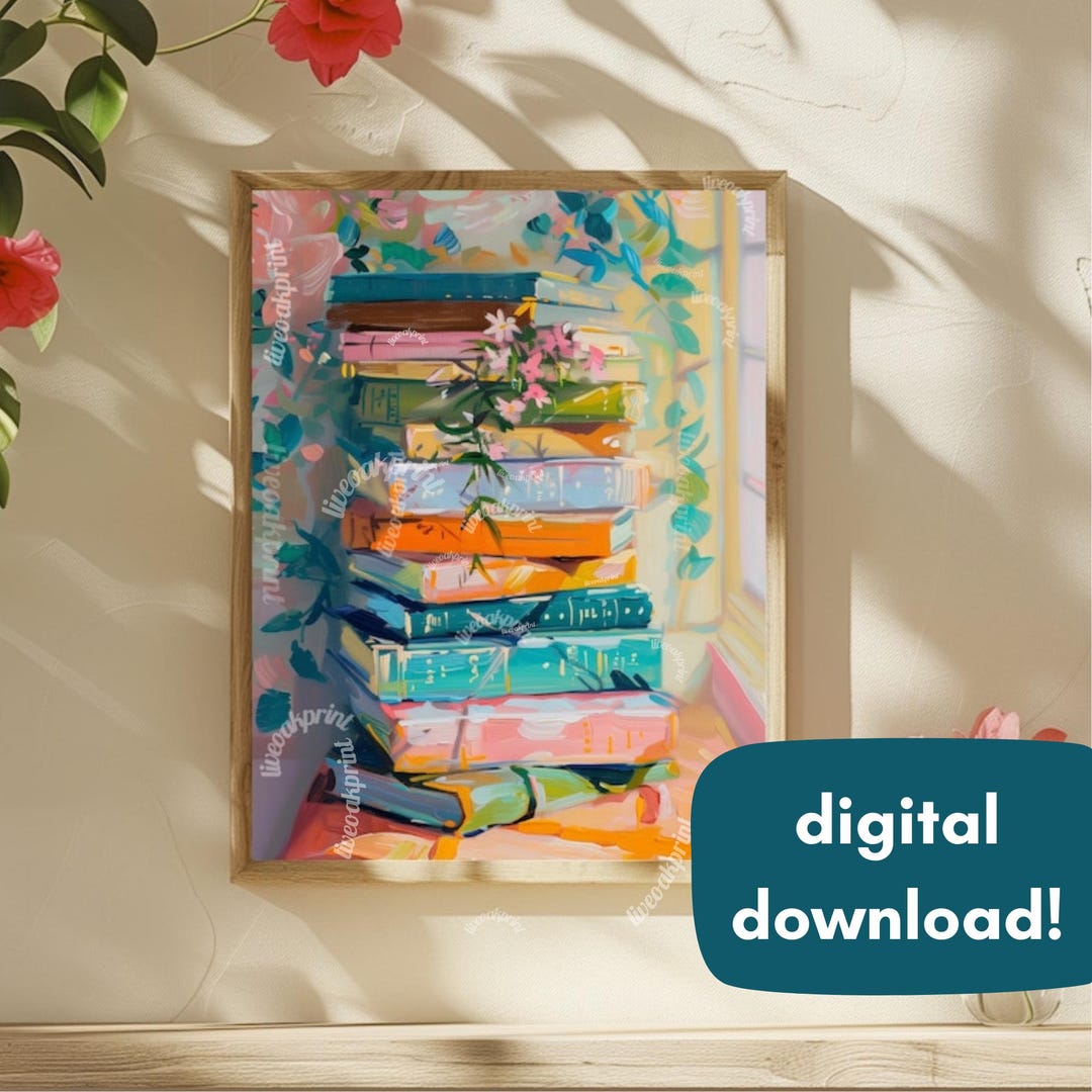 Pastel Stack of Books - DIGITAL DOWNLOAD | Reading Nook Print | Cozy ...