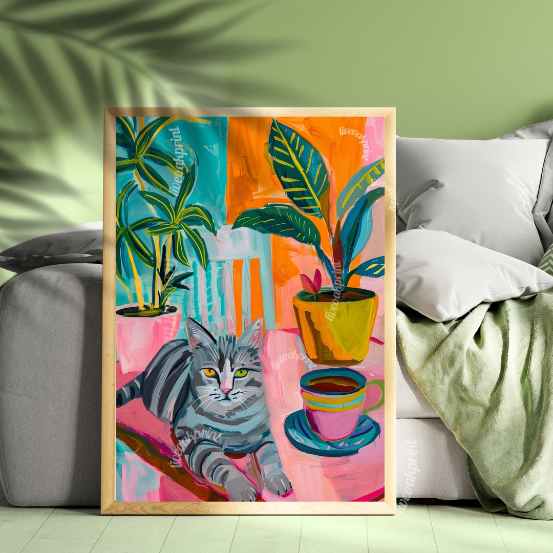 Cat and Coffee Print - Cat Kitchen Decor - Cat Print - Boho Cat Decor ...