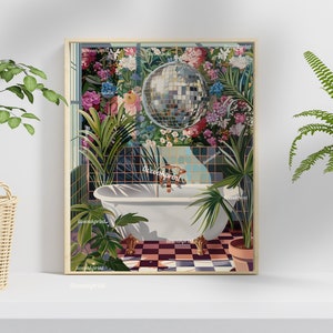 Disco Bathroom Print - Disco Ball Bathtub Wall Art - Dopamine Decor for ...