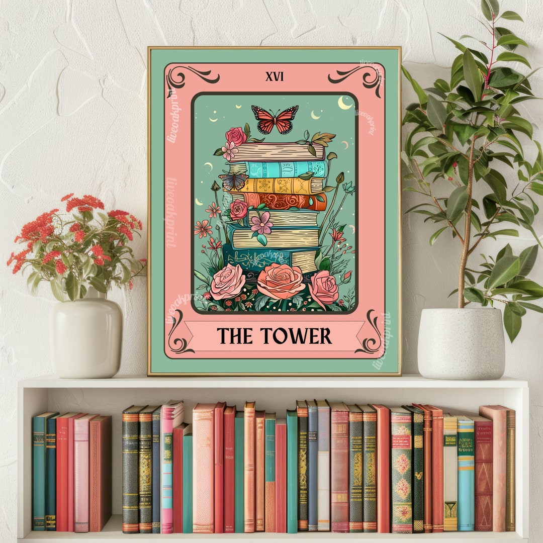 The Tower Tarot Print - Stack of Books Tarot Card - Botanical Reading ...