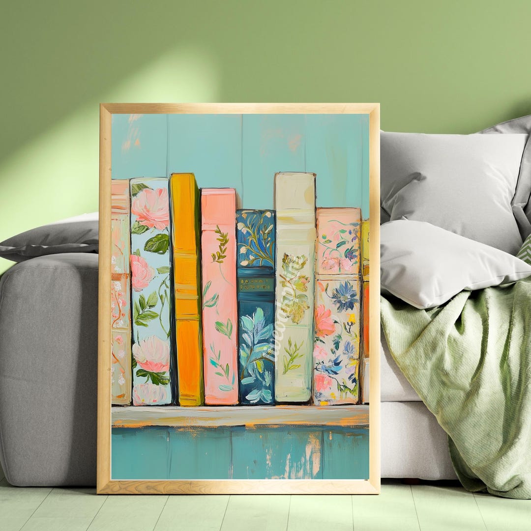Pastel Bookshelf Print - Dreamy Book Lover Wall Art - Soft Blue and ...
