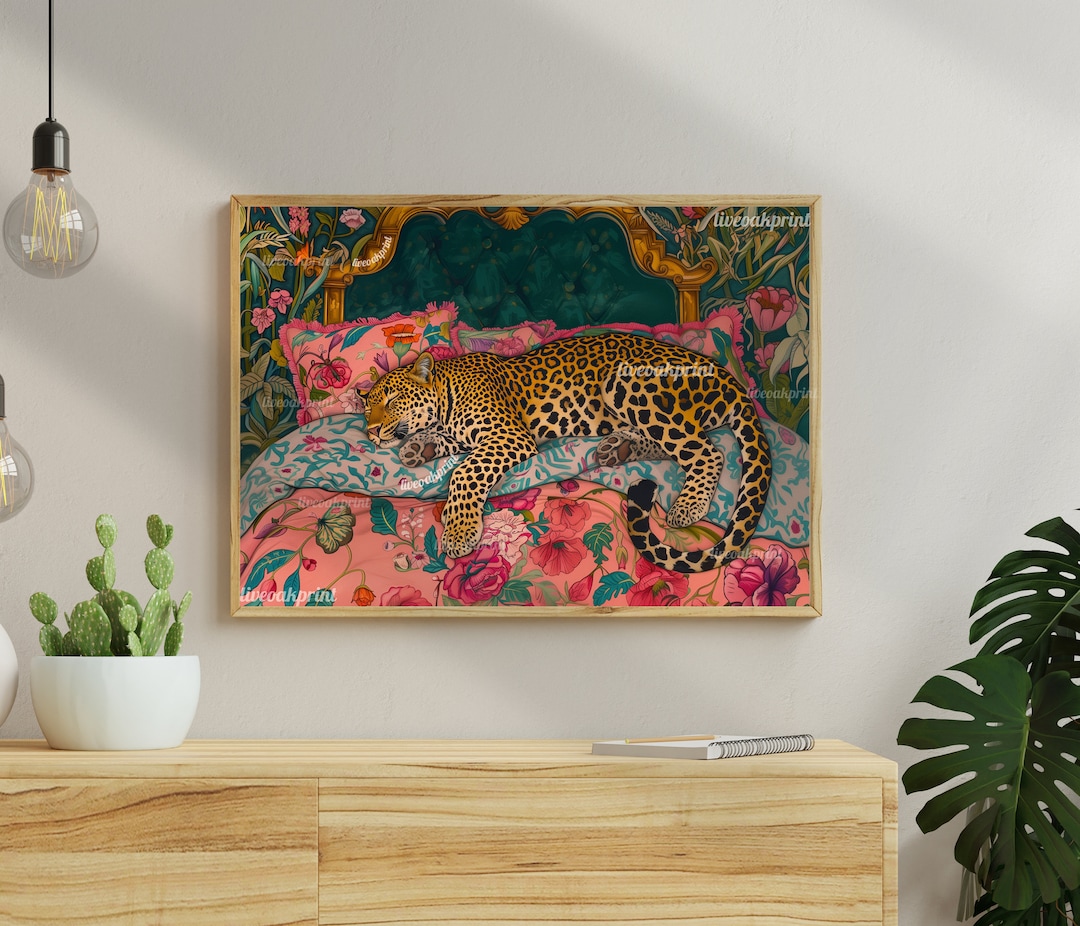Sleepy Leopard in a Vintage Bed Leopard Bedroom Maximalist Wall Art ...
