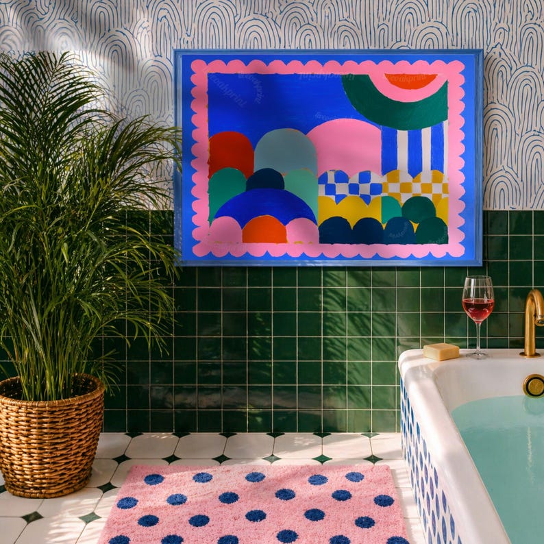 Mid Century Abstract Landscape Print – Bold Blue Pink Scallop Border ...