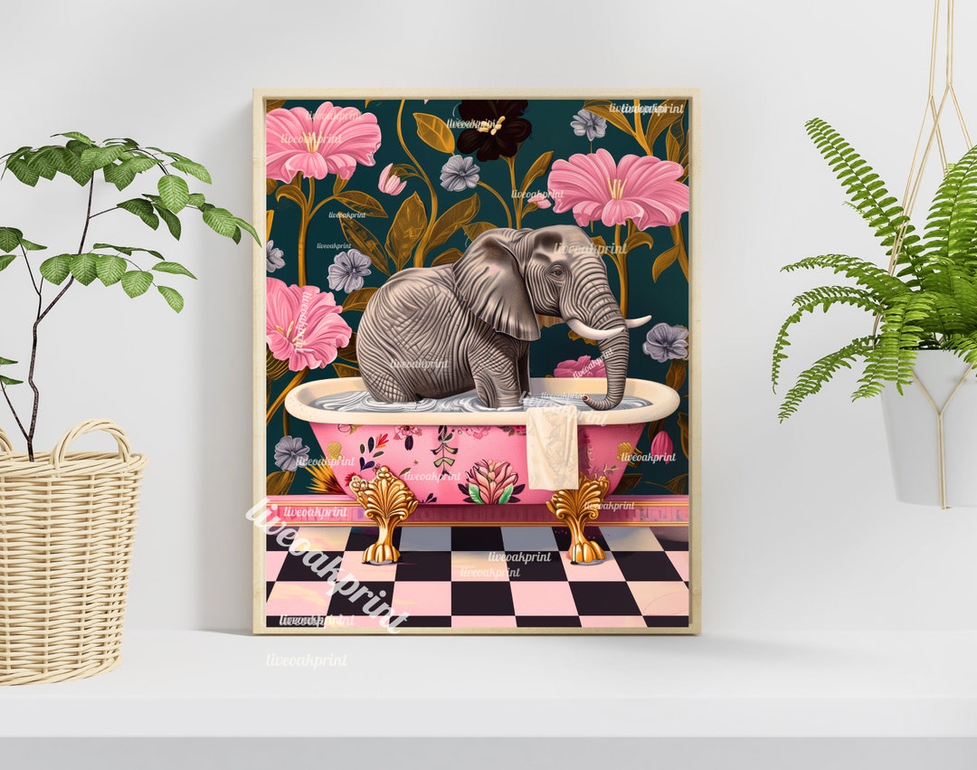 Elephant in A Bathtub - Elephant Bathroom Art - Maximalist Bathroom ...