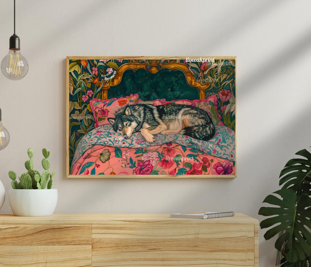 Sleepy Wolf in a Vintage Bed Print | Wolf Bedroom Art | Maximalist ...