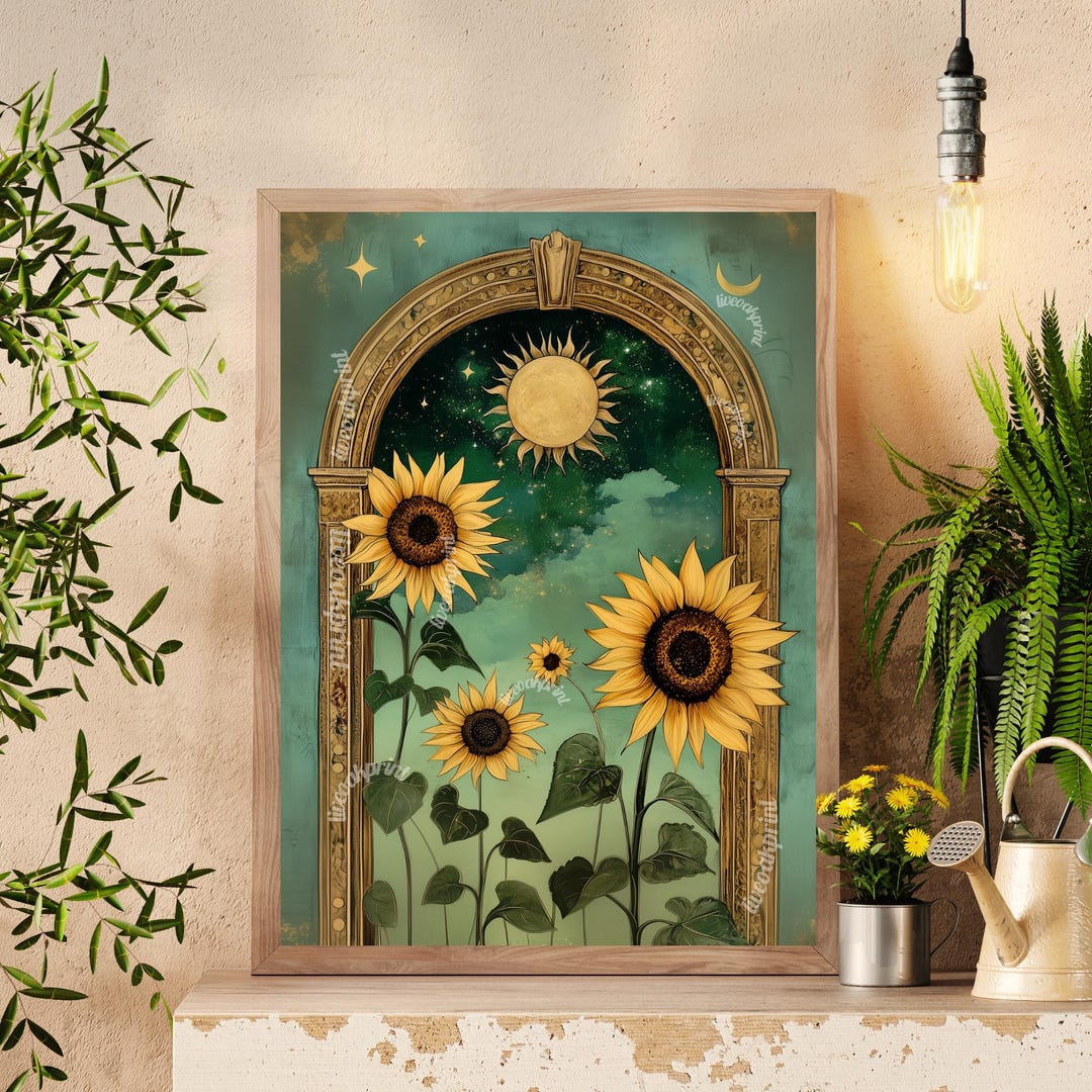 Boho Sunflower Wall Art - Emerald Green Vintage Floral Print - Bohemian ...