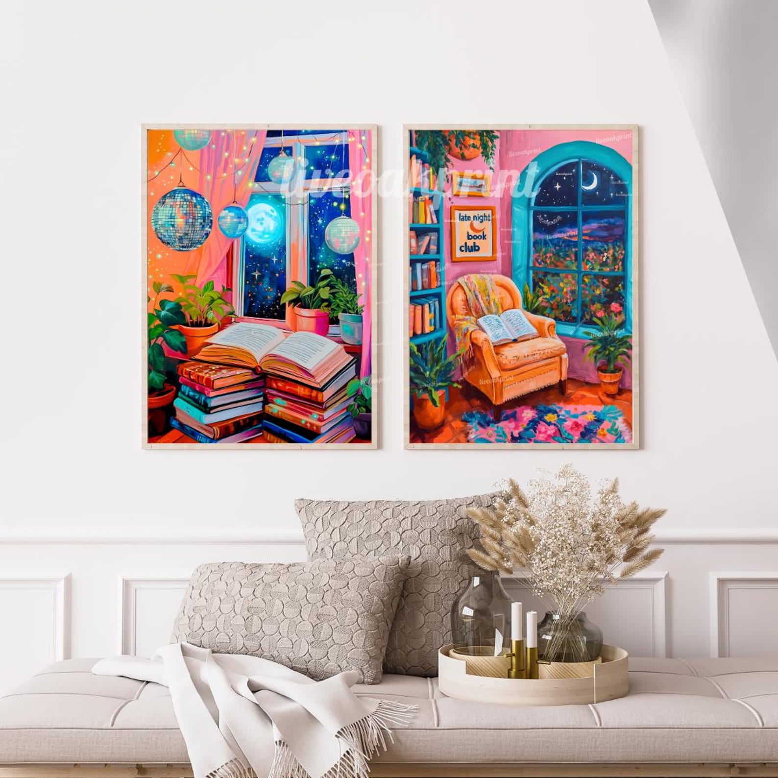 Set of Two Reading Prints - Mystical Reading Nook and Late Night Book ...