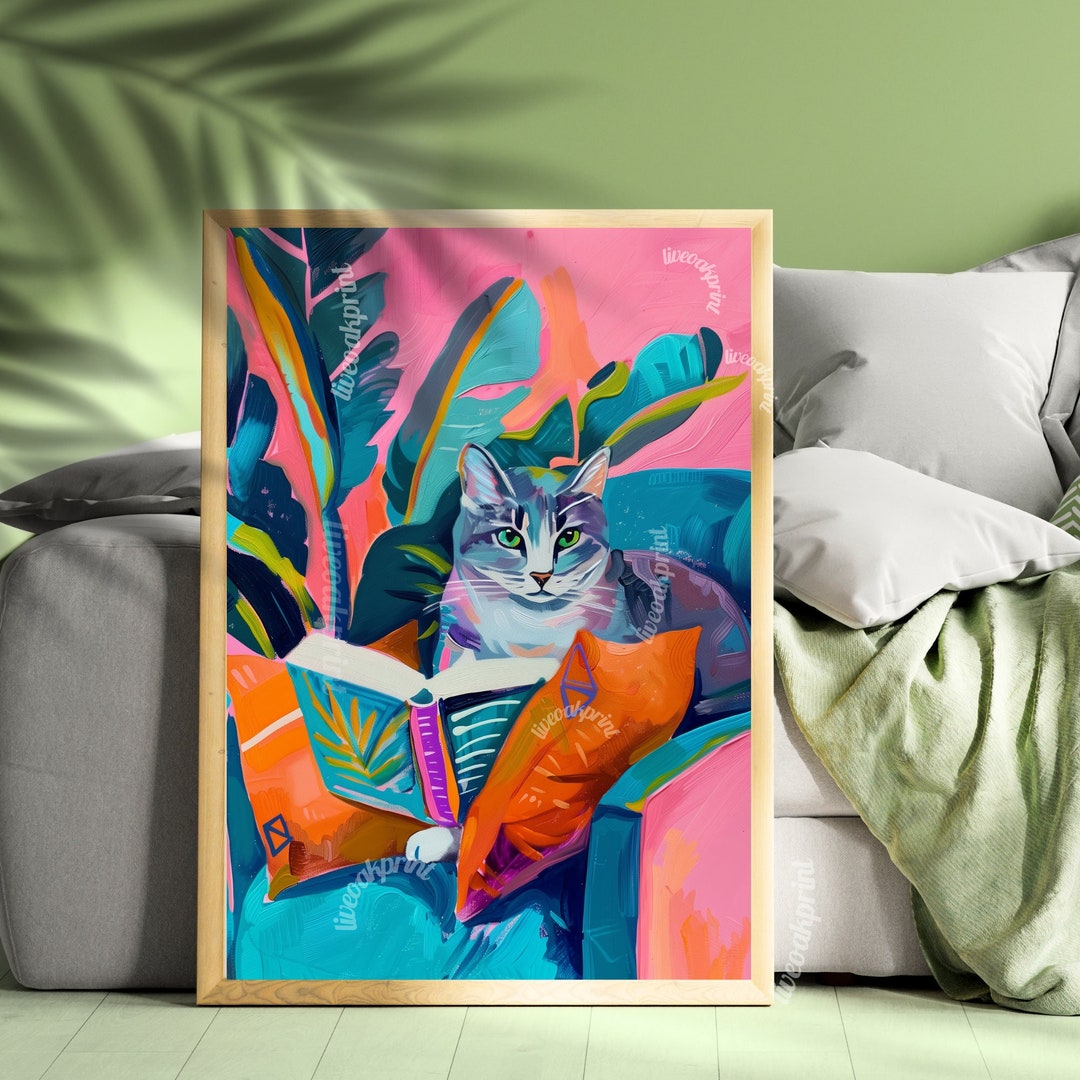 Cat Reading Print - Bookish Decor - Book Print - Boho Cat Decor ...