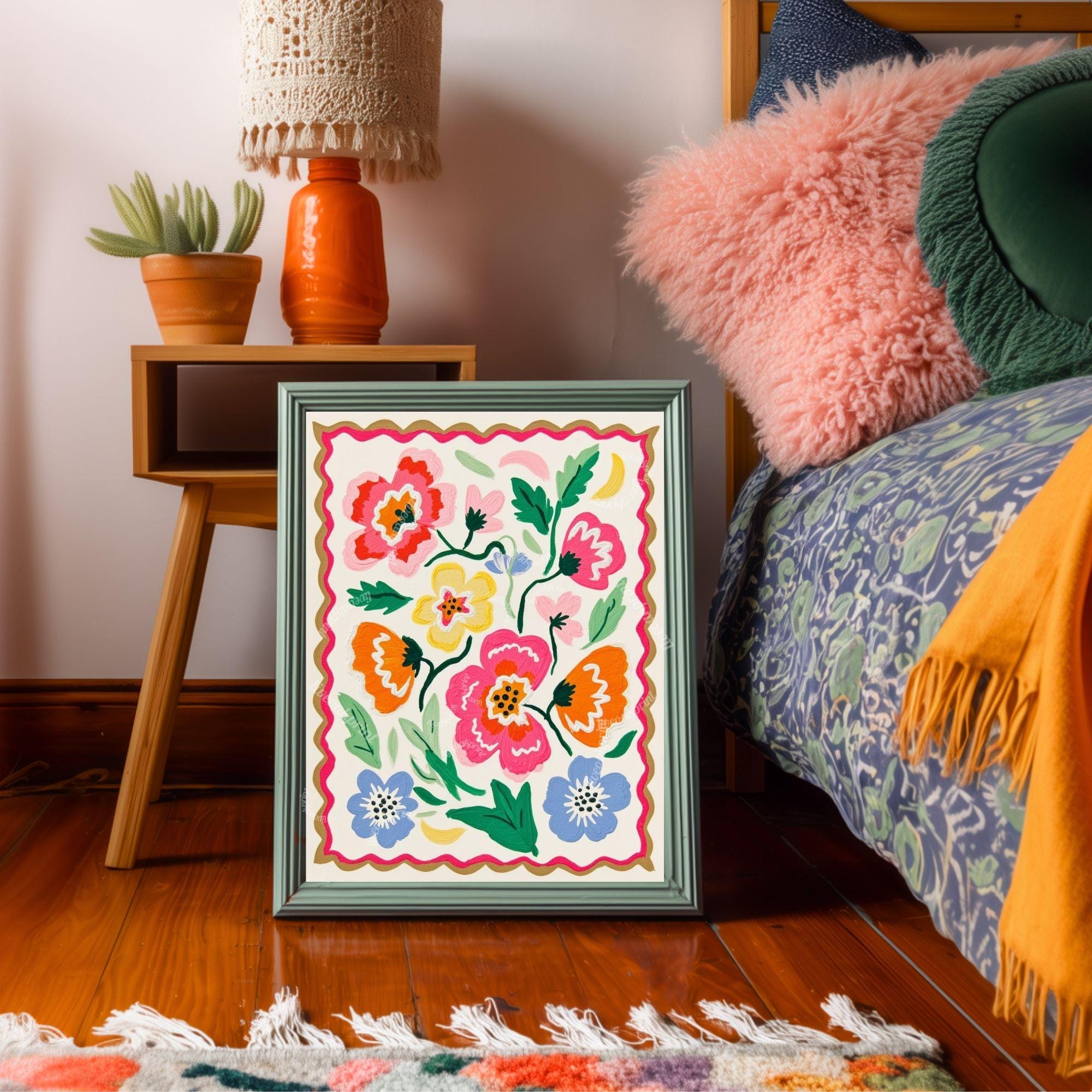 Pastel Floral Art Print – Retro Folk Art, Cottagecore Style - Etsy