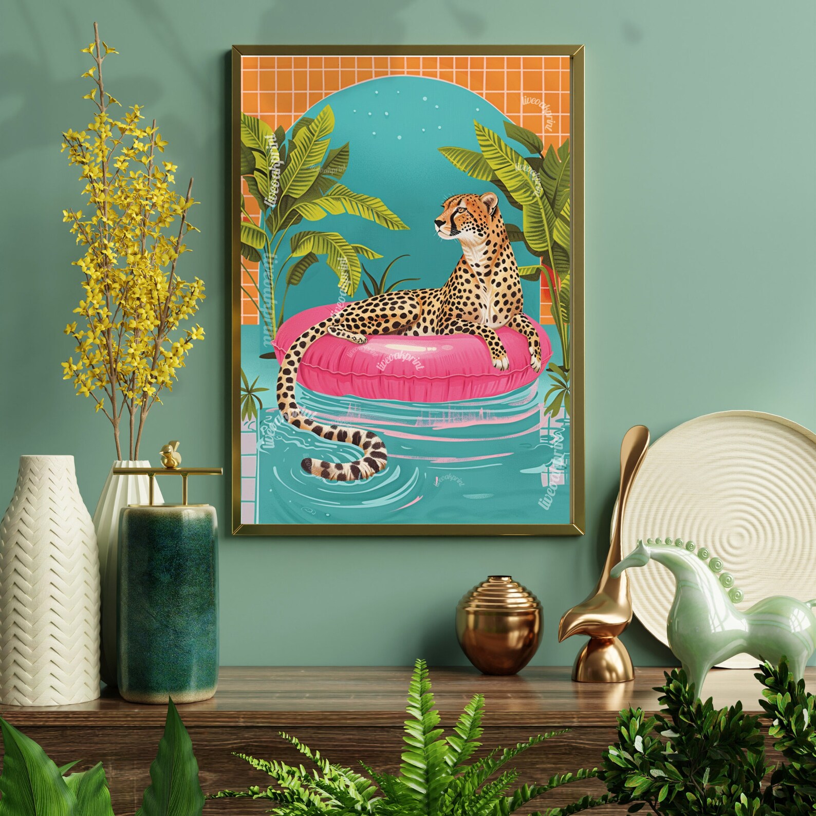 Cheetah Floating in a Pool - Summer Wall Art - Maximalist Wall Art ...