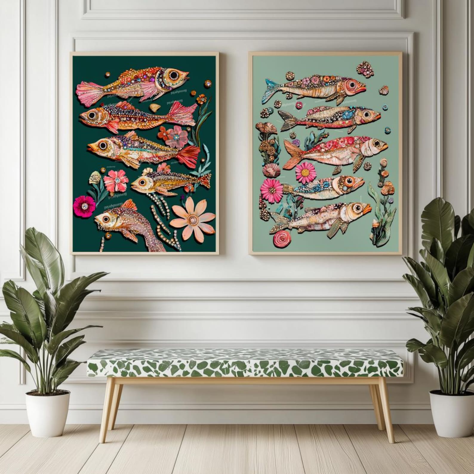 Ocean Wall Art Set - Vintage Fish Print Set of 2 Canvas Green Wall Art ...