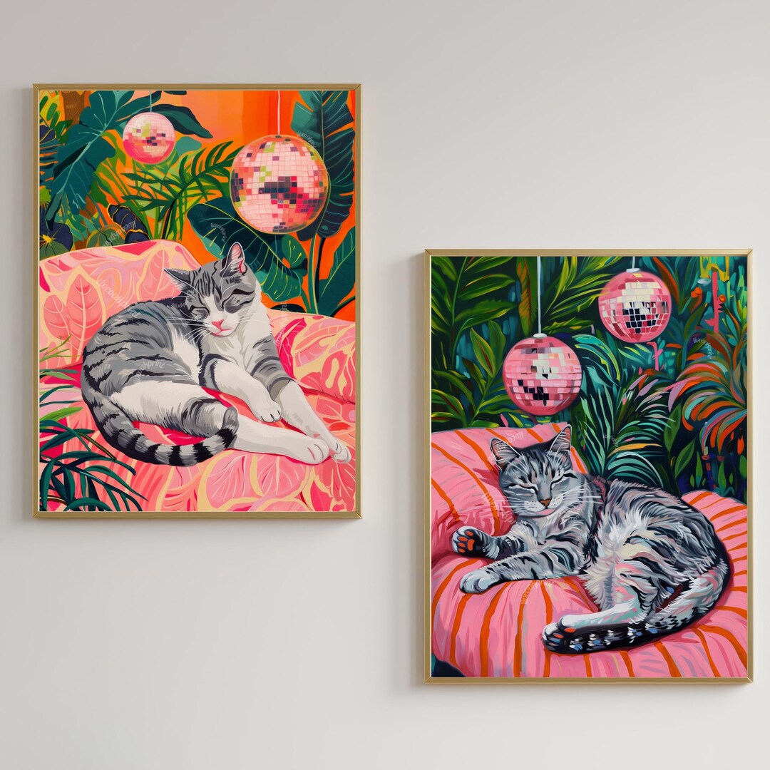 Set of Two Gray Cat Art Prints – Gray Cat Wall White and Gray Cat Gray ...