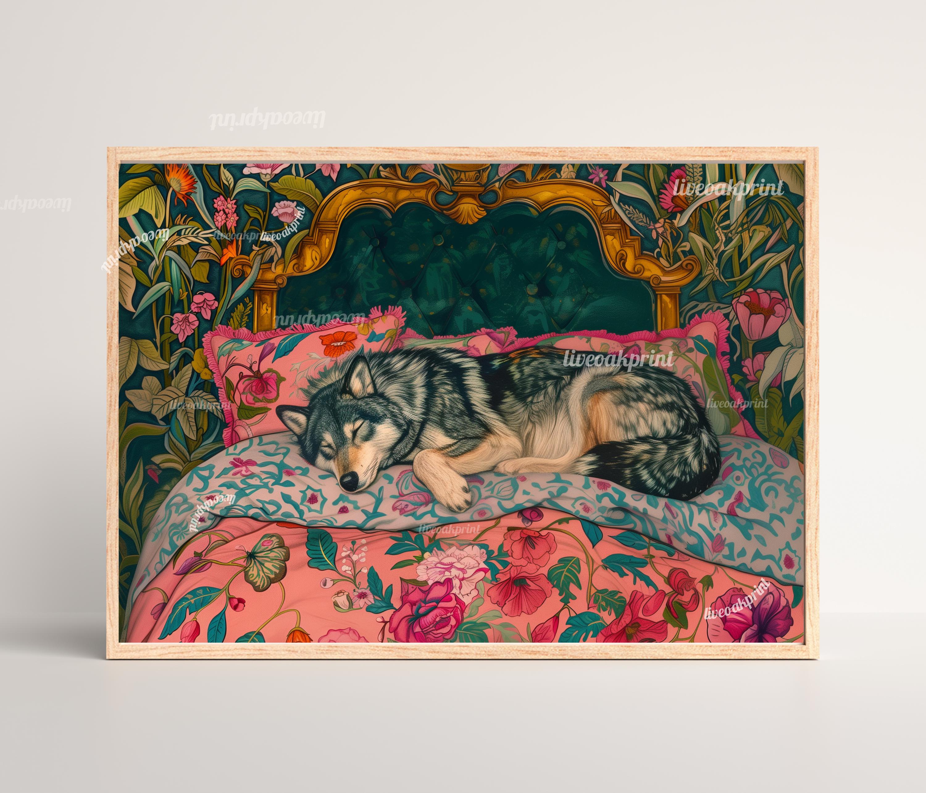Sleepy Wolf in a Vintage Bed Print | Wolf Bedroom Art | Maximalist ...