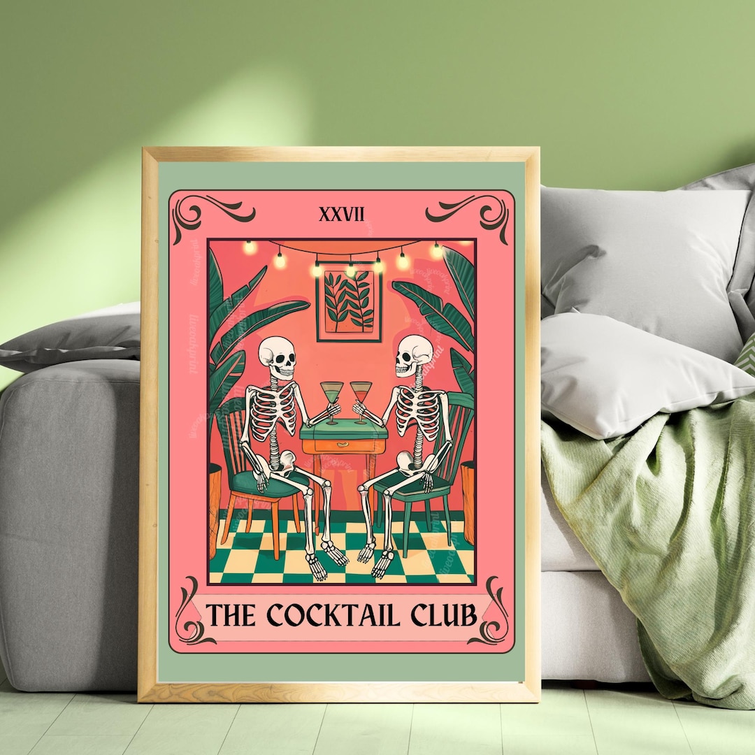 The Cocktail Club Tarot Card - Skeleton Bar Art - Maximalist Funky Wall ...