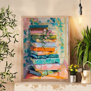 Pastel Stack of Books Print - Cottagecore Book Print - Cozy Library ...