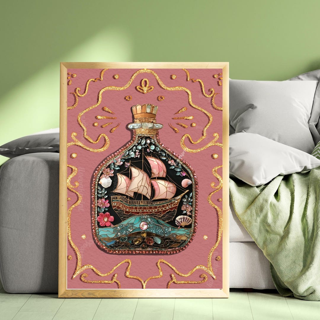 Ship in a Bottle Art Print – Pink Coastal Wall Art – Nautical Girlcore ...