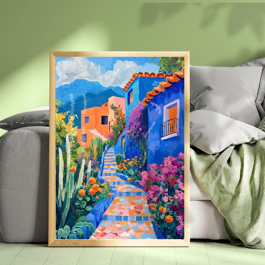 Mexican Wall Art - Mexican Cactus Art Print Blue Wall Decor Colorful ...