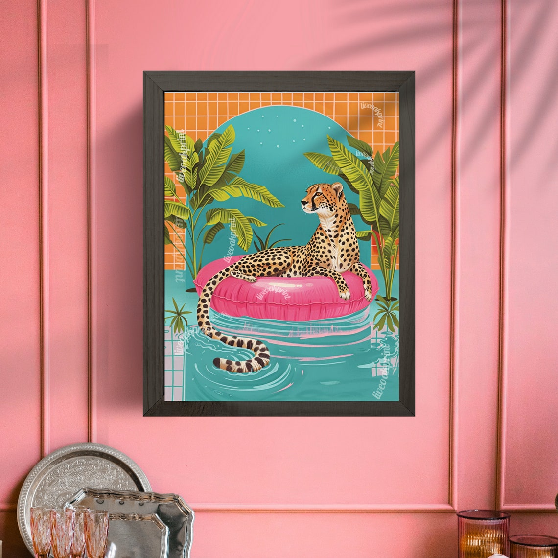 Cheetah Floating in a Pool - Summer Wall Art - Maximalist Wall Art ...