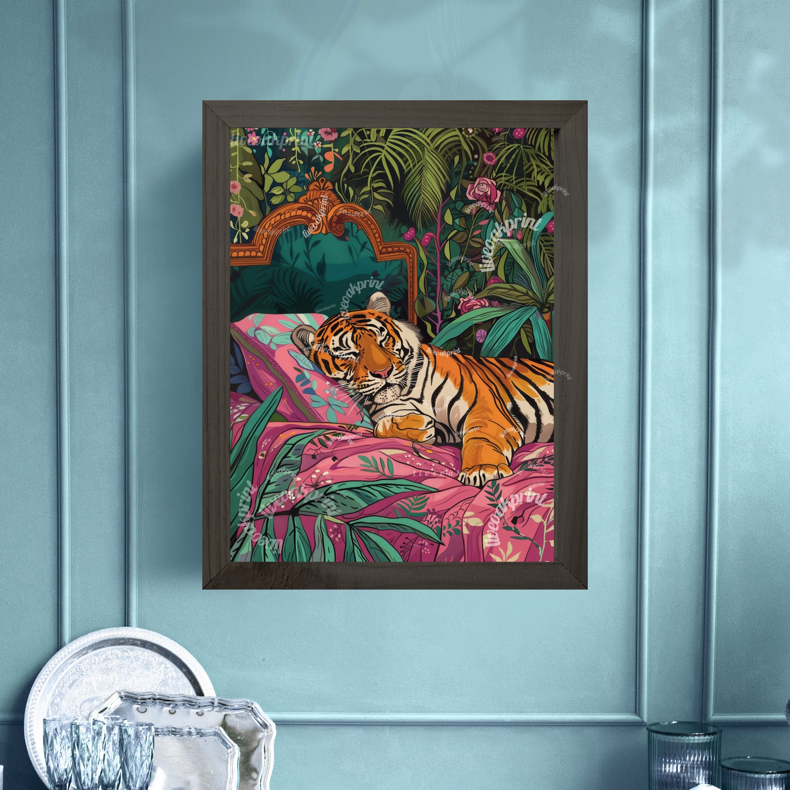 Sleeping Tiger in Bed Art Print – Maximalist Jungle Wall Art, Bold ...