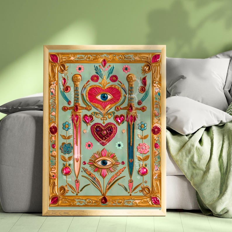 Green Hearts and Swords - Psychedelic Folk Art Print Dopamine Decor ...