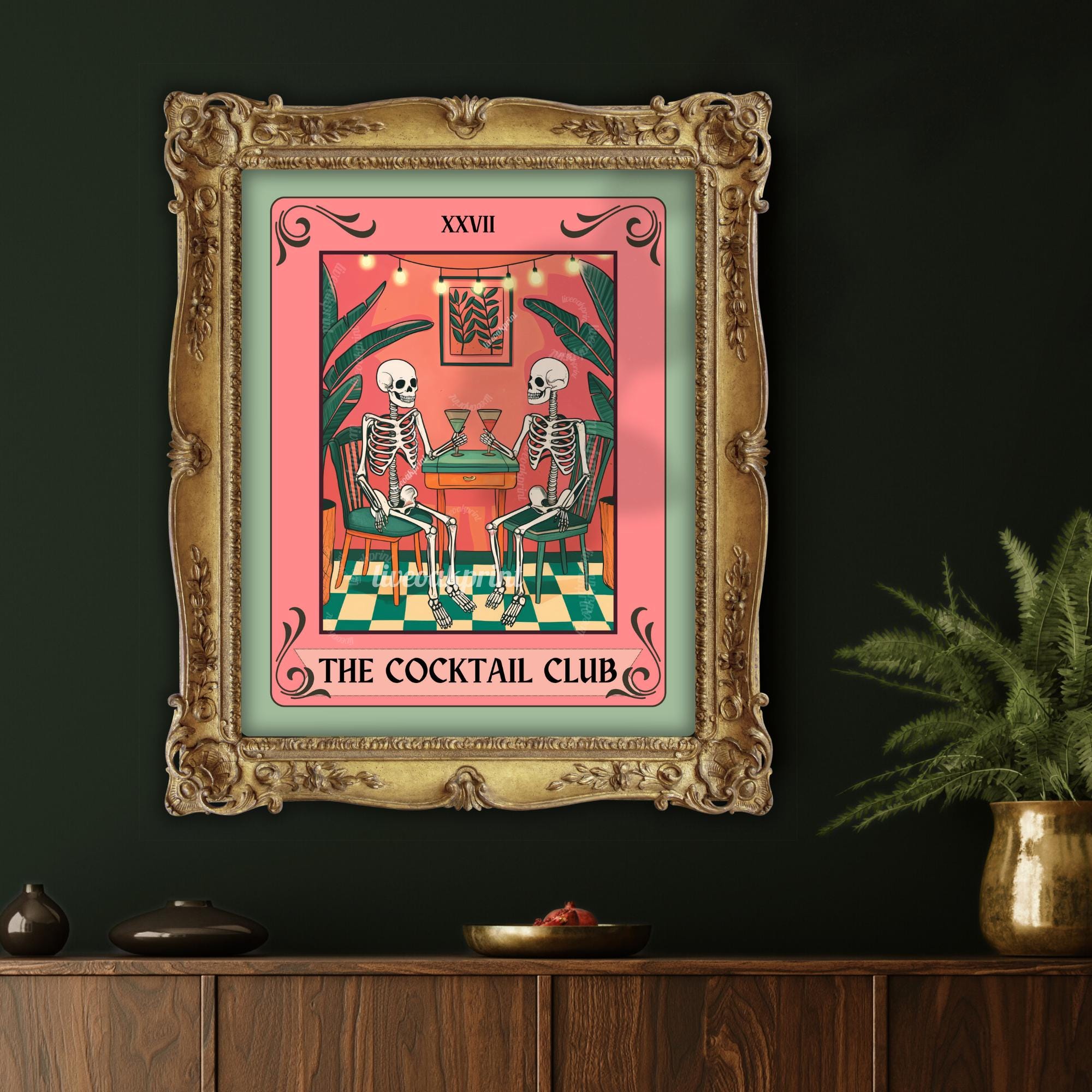 The Cocktail Club Tarot Card - Skeleton Bar Art - Maximalist Funky Wall ...