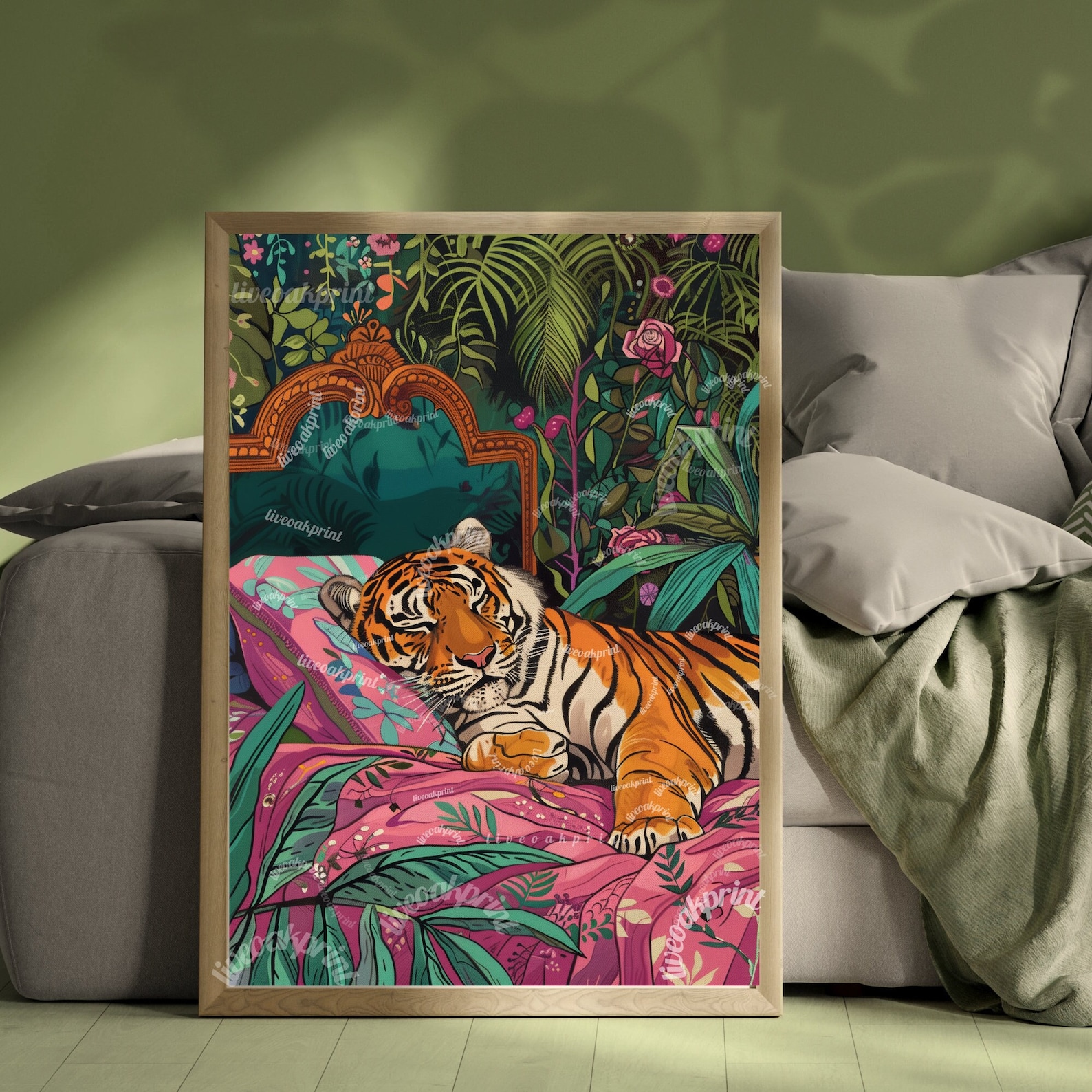 Sleeping Tiger in Bed Art Print – Maximalist Jungle Wall Art, Bold ...