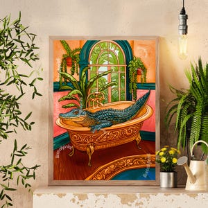 Gator in Bathtub Bathroom Print - Funny Alligator Wall Art - Quirky ...