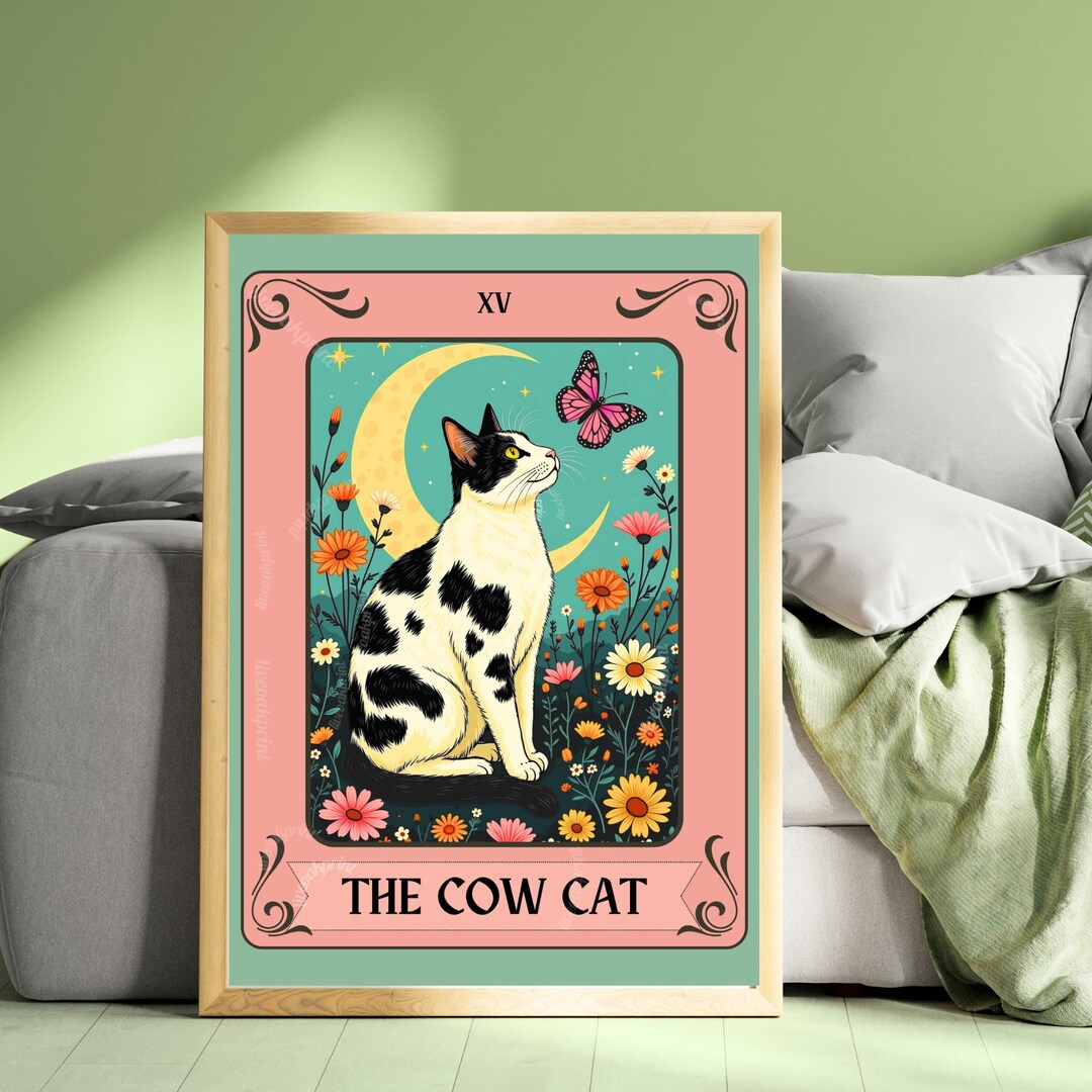 Cow Cat Tarot Card Wall Art – Cow Cat Artwork Black and White Cat ...