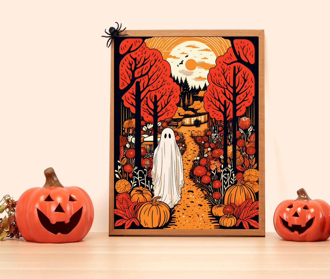 Oscar the Ghost Goes for a Fall Stroll - Retro Halloween Art - Cute ...
