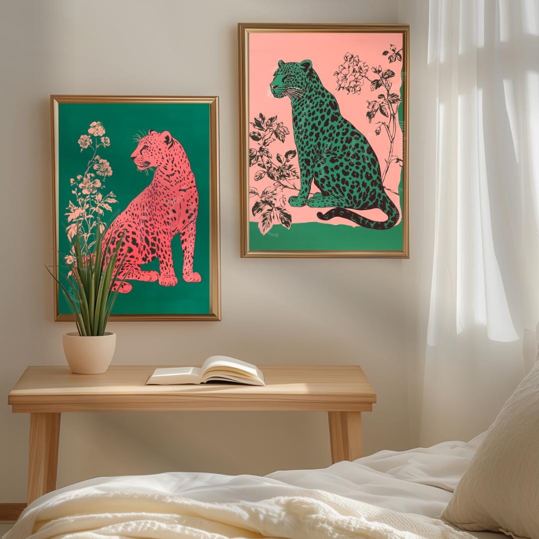 Emerald Leopard and Pink Leopard Art Set of Two Prints - Bold ...