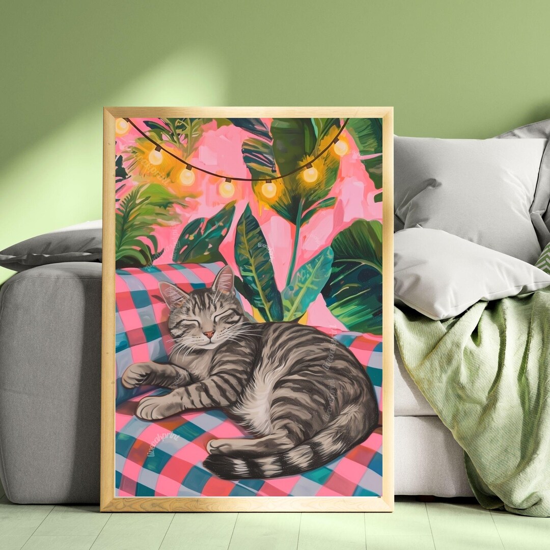 Cozy Gray Tabby Print – Boho Cat Wall Art Gingham Bedroom Decor Gray ...