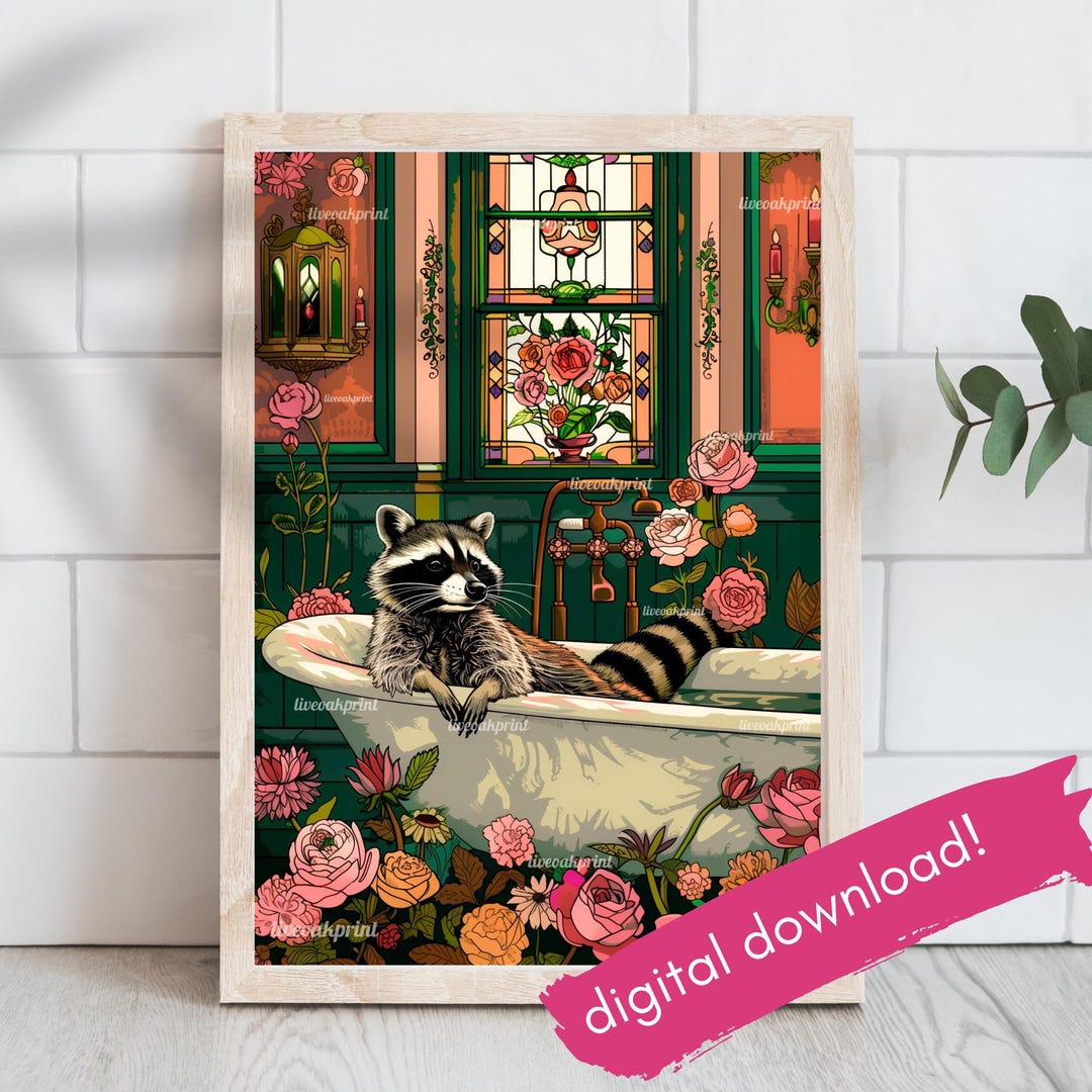 A Wistful Raccoon Takes a Bath - Digital Download - Whimsical Animal ...