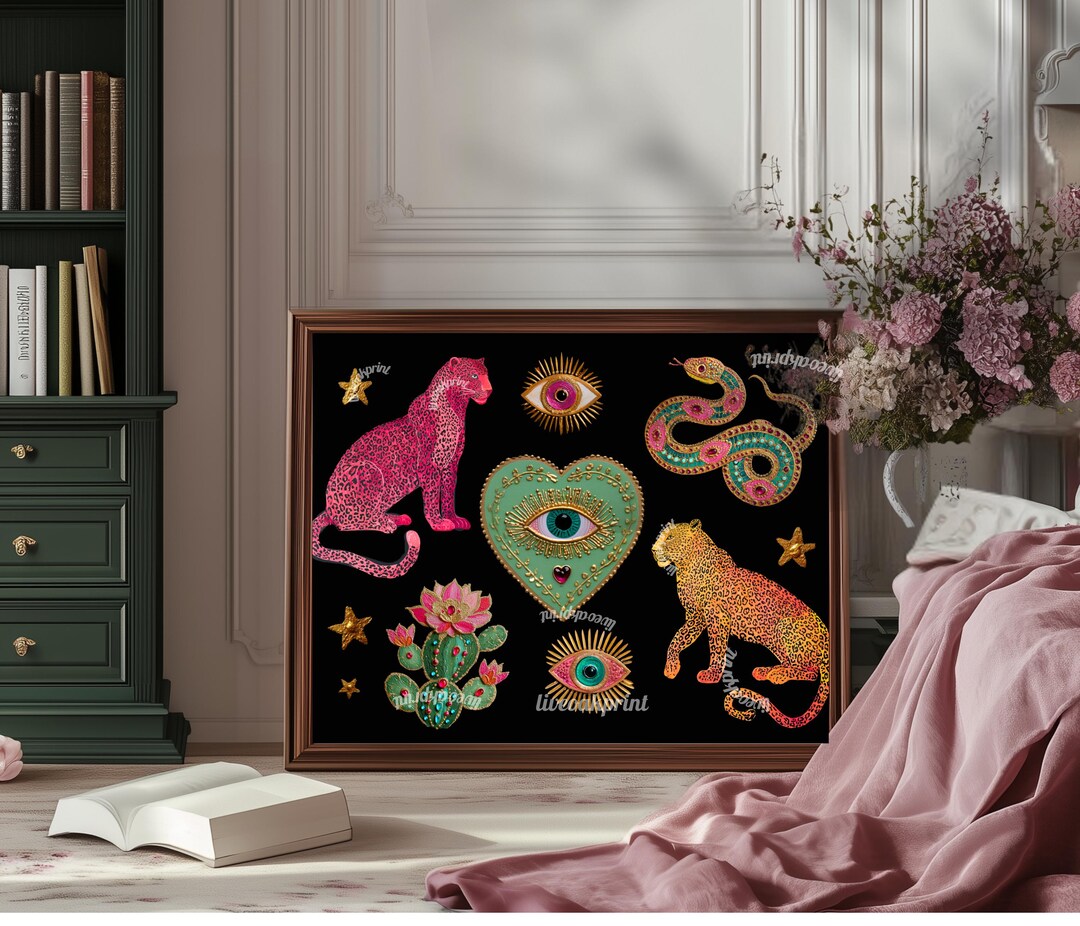 Surreal Wall Art Print – Pink Leopard Snake Eye Heart Print Dark Boho ...