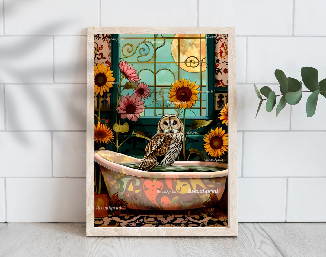 Owl in A Bathtub Print - Owl Bathroom Art - Mystical Bathroom - Owl ...
