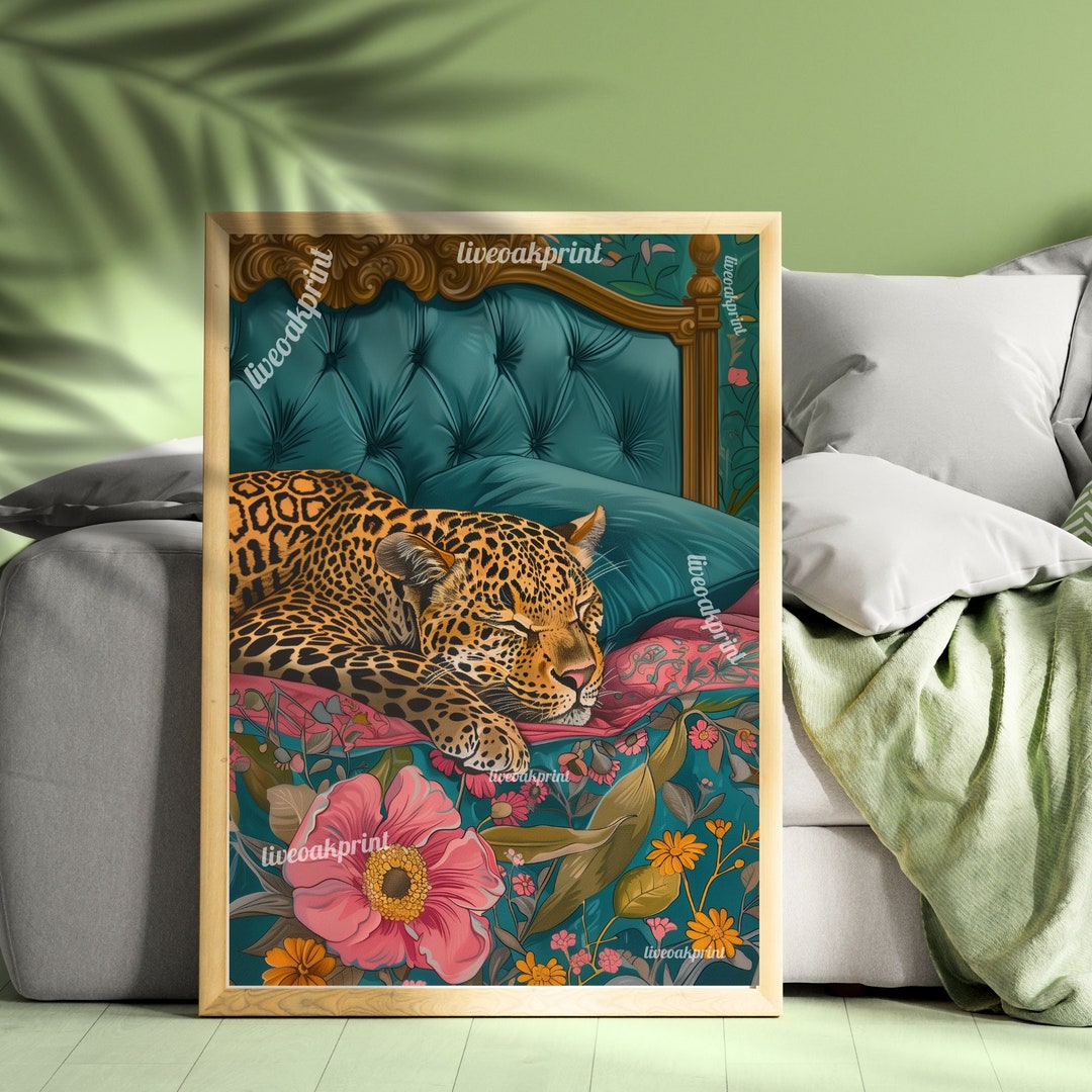 Leopard Sleeping in A Bed - Maximalist Wall Decor - Leopard Print ...