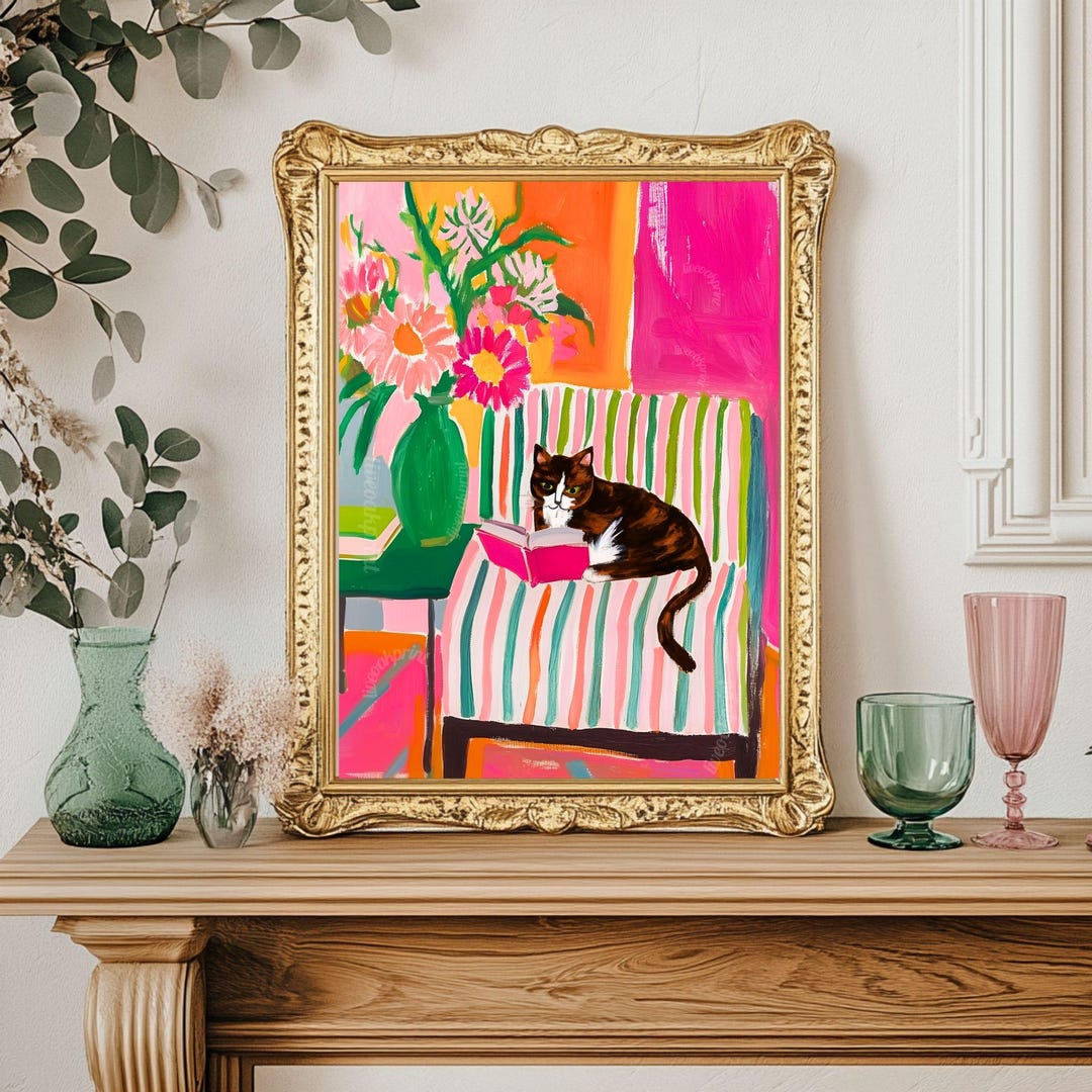 Calico Cat Reading Print – Calico Cat Wall Art Cozy Reading Nook Decor ...