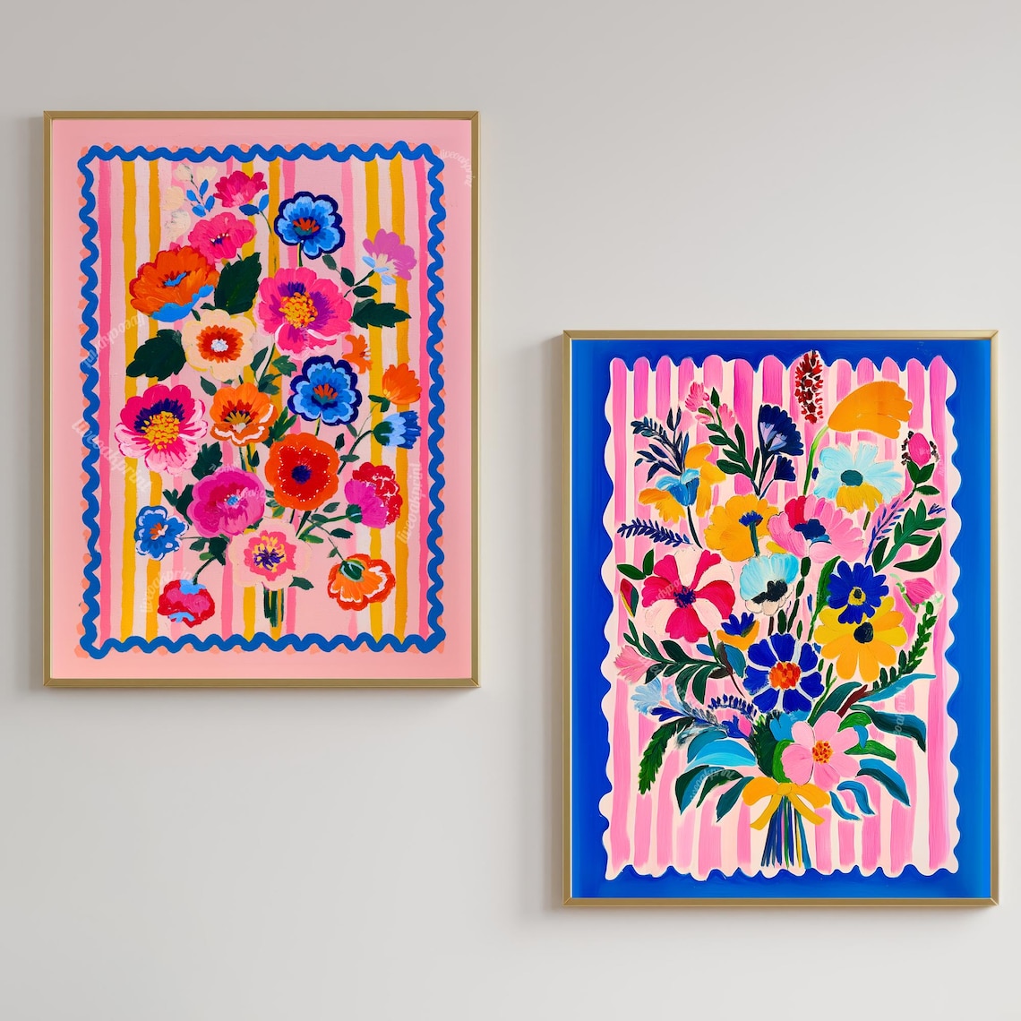 Bright Maximalist Floral Wall Art Set – Colorful Pink and Blue Flowers ...