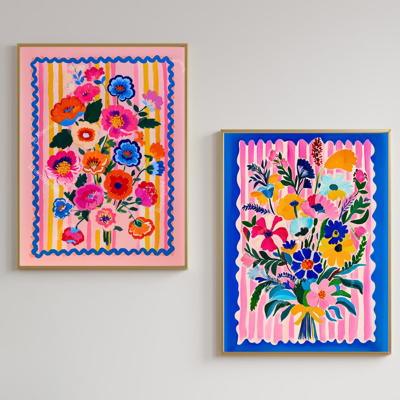 Bright Maximalist Floral Wall Art Set – Colorful Pink and Blue Flowers ...
