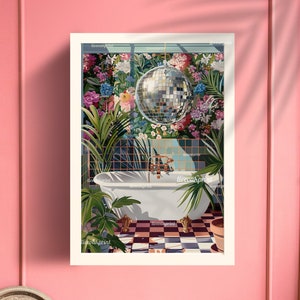 Disco Bathroom Print - Disco Ball Bathtub Wall Art - Dopamine Decor for ...