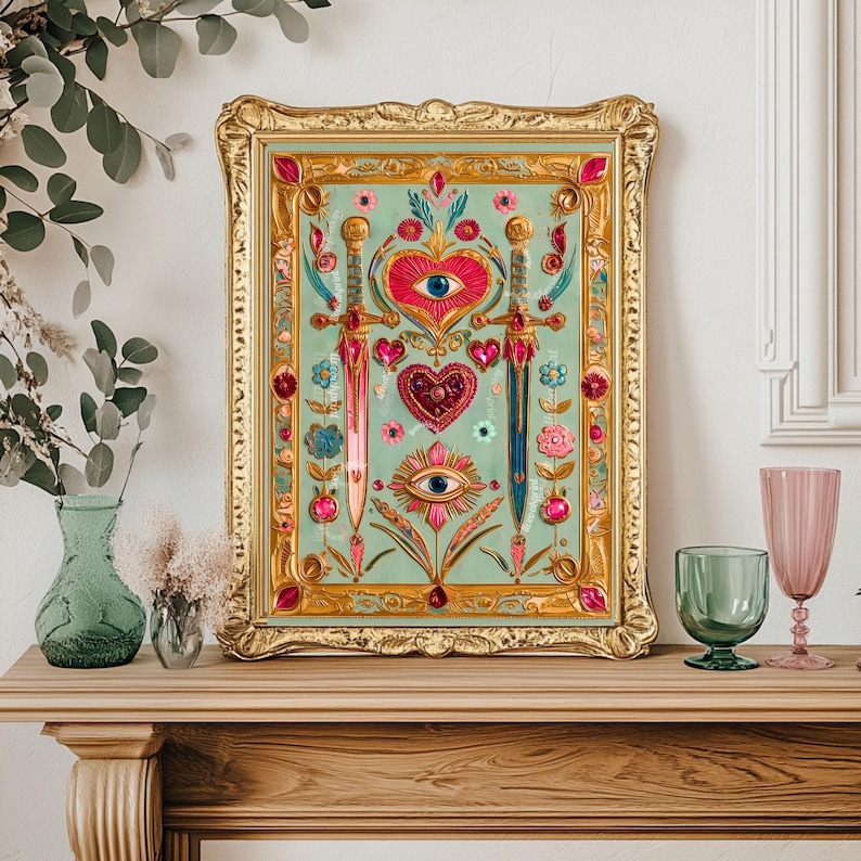 Green Hearts and Swords - Psychedelic Folk Art Print Dopamine Decor ...