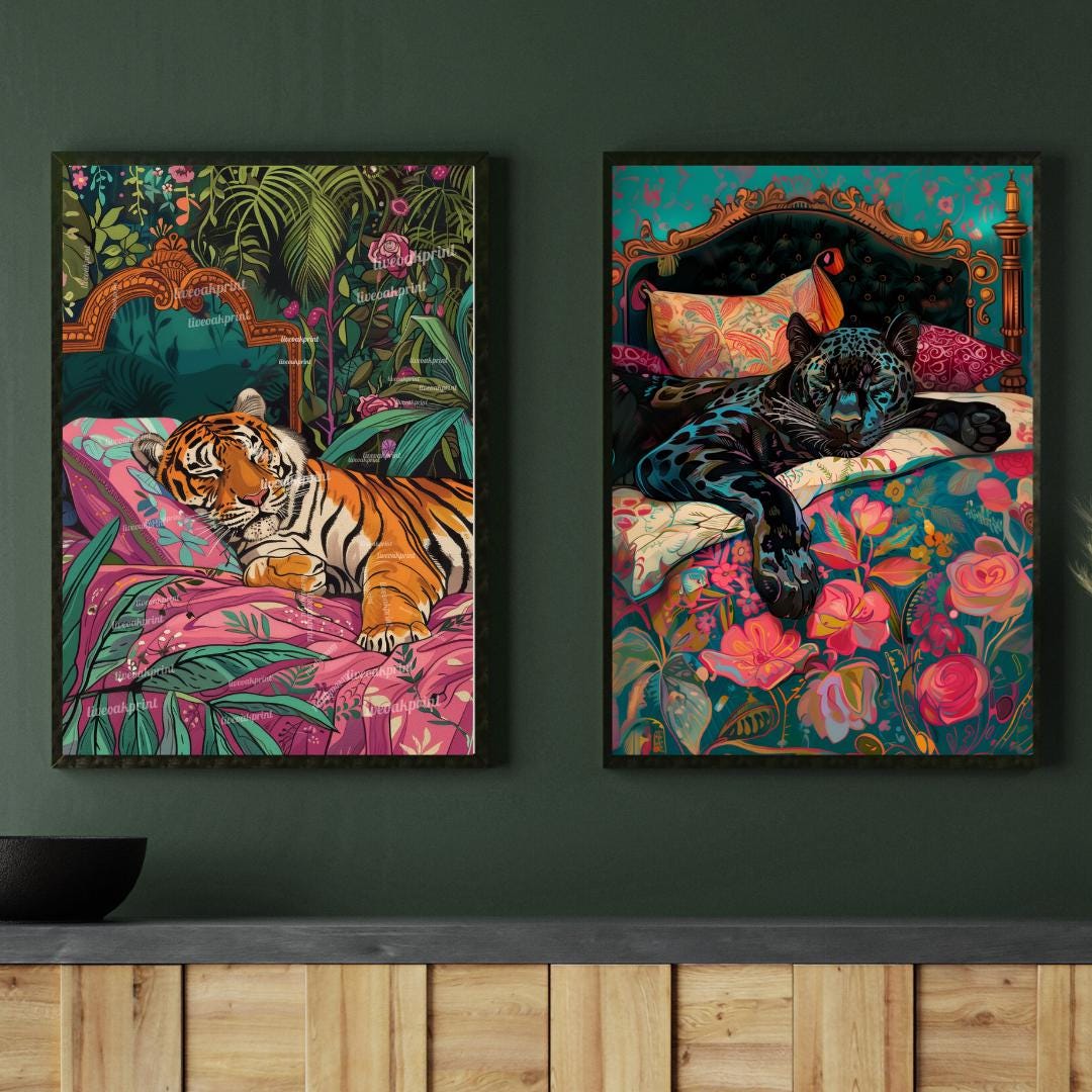 Sleeping Tiger and Puma Wall Art Set - Maximalist Animal Prints - Pink ...