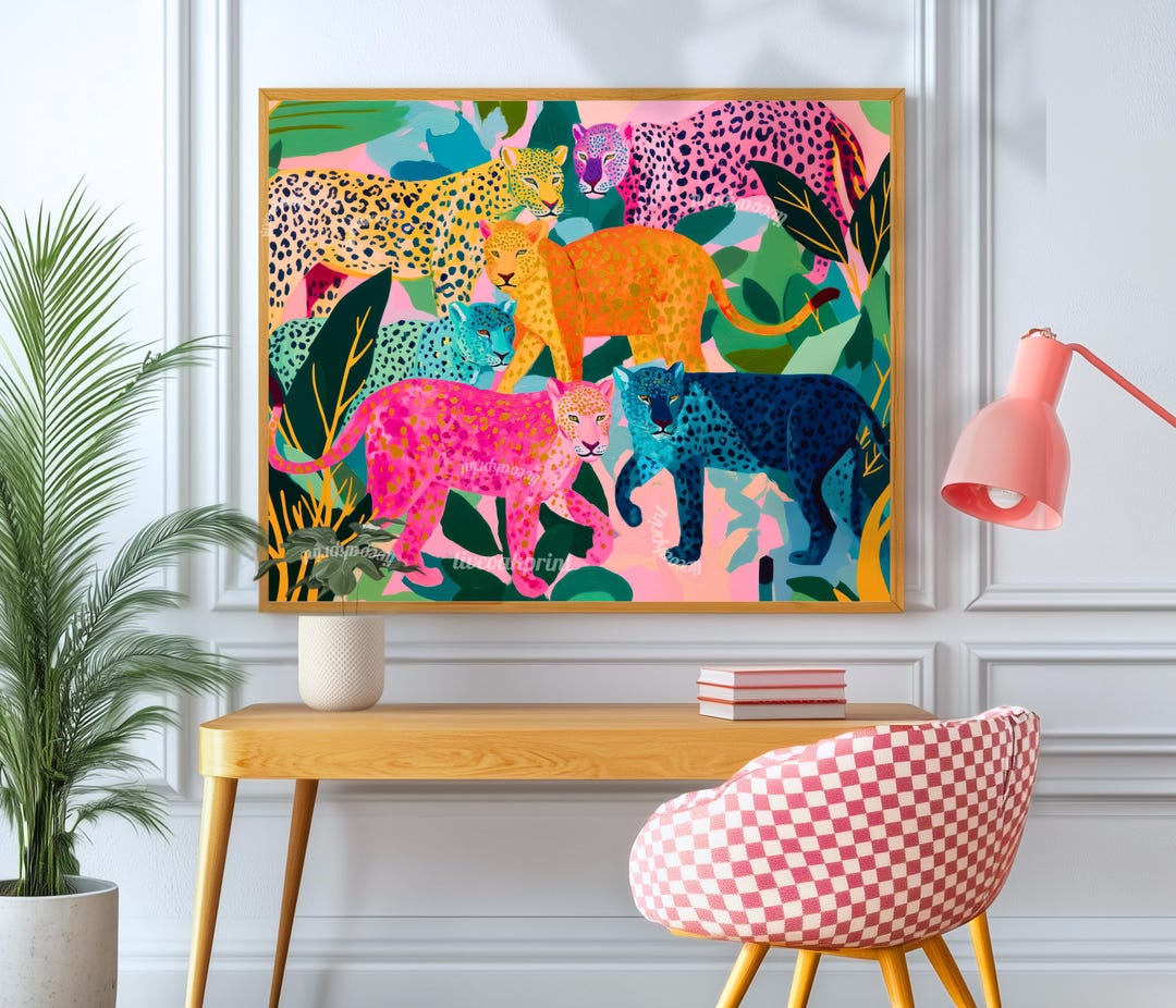 Horizontal Colorful Leopard Art Print - Whimsical Jungle Wall Art Pink ...