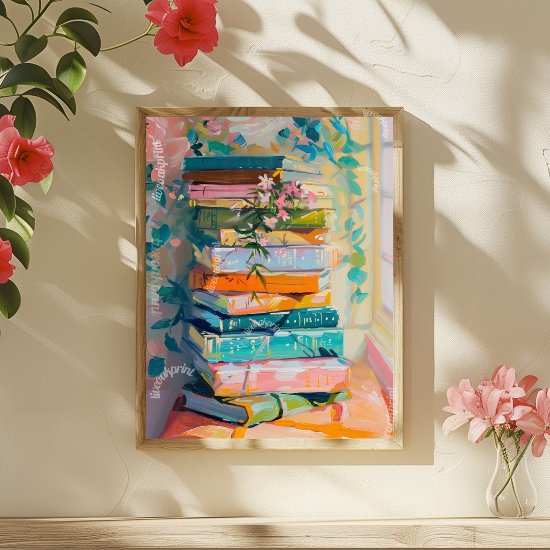 Pastel Stack of Books Print - Cottagecore Book Print - Cozy Library ...