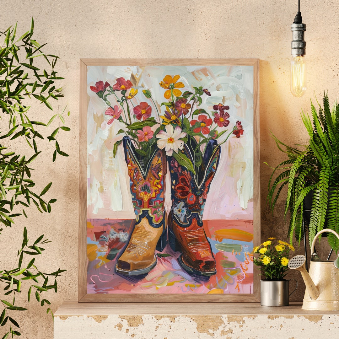 Boho Neutral Cowgirl Boots Cottagecore Cowboy Boots Print Farmhouse ...