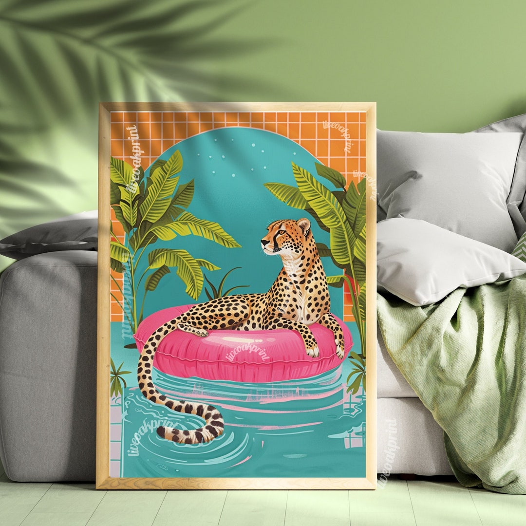 Cheetah Floating in a Pool - Summer Wall Art - Maximalist Wall Art ...