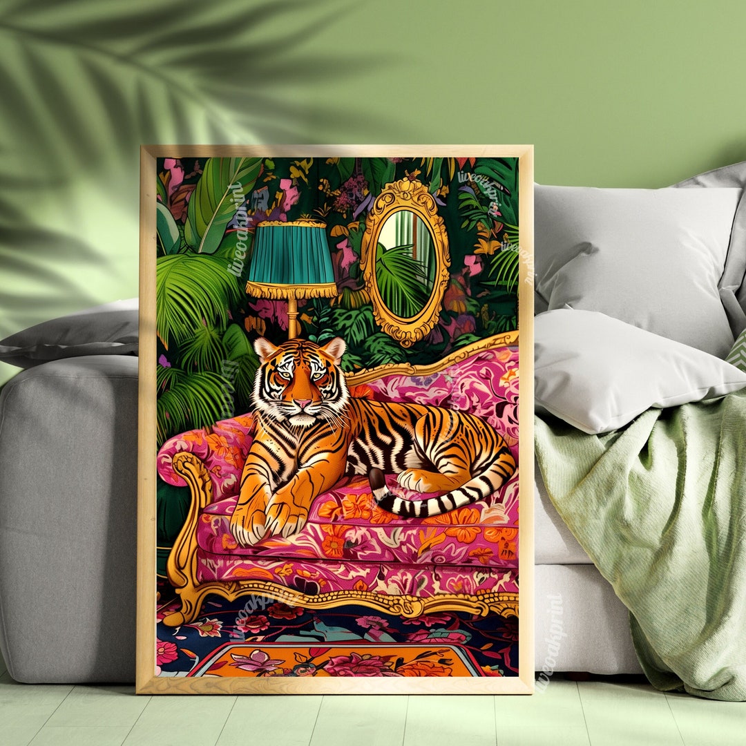 Tiger Lounging on a Luxury Sofa - Maximalist Wall Art - Tiger Print ...