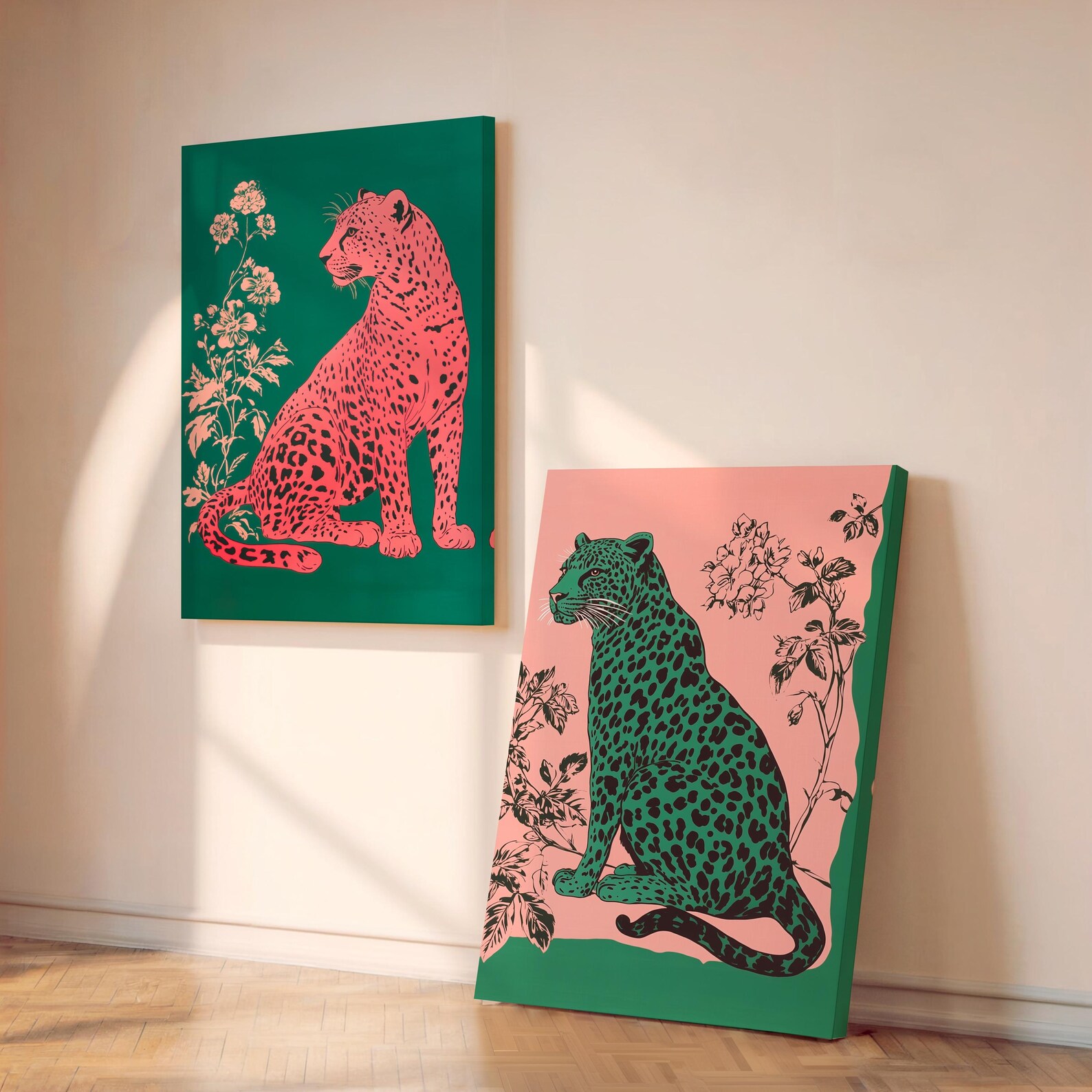 Emerald Leopard and Pink Leopard Art Set of Two Prints - Bold ...
