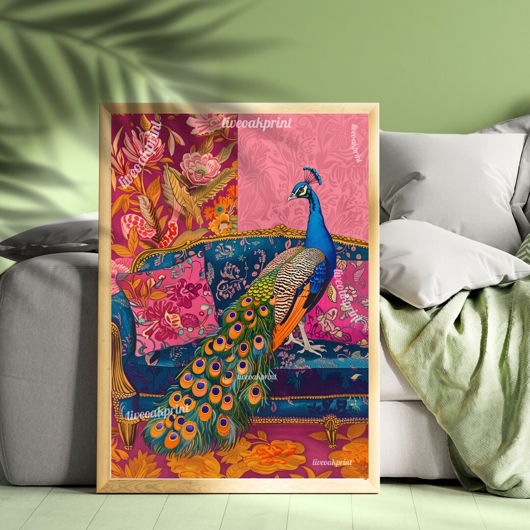 Peacock on a Sofa Print - Peacock Wall Art - Maximalist Living Room ...